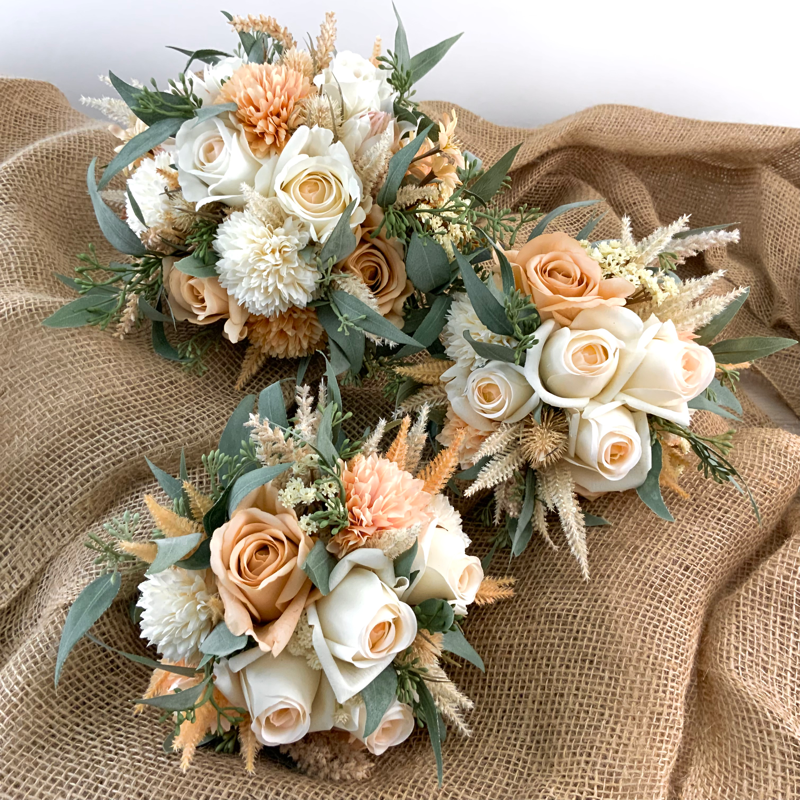 Rustic Toffee Rose and Ivory Bridal Bouquet Wrapped in Eucalyptus Gum High Quality Artificial Flowers The Artificial Flower Co